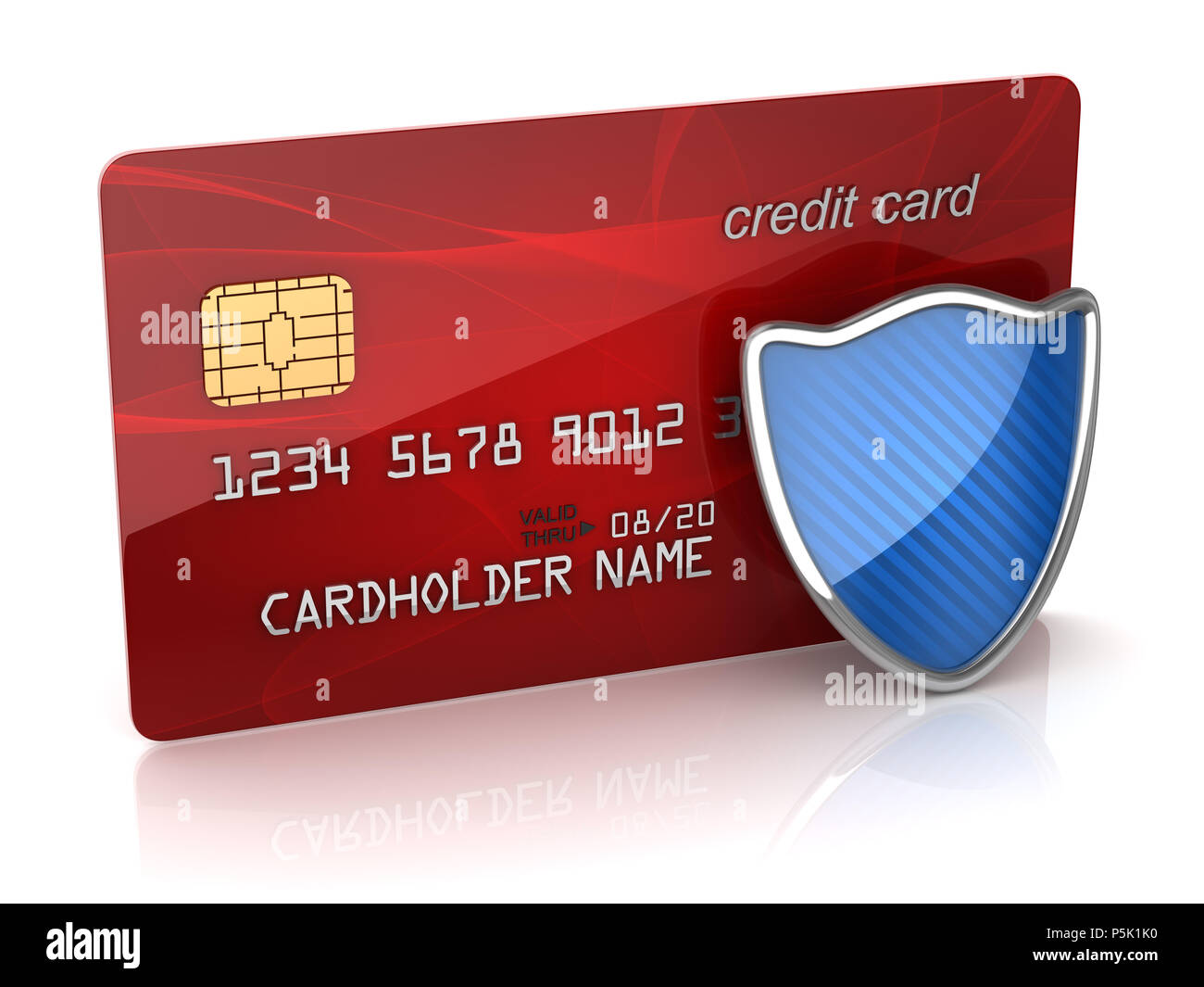 Red credit card with shield. 3d render and computer generated image ...