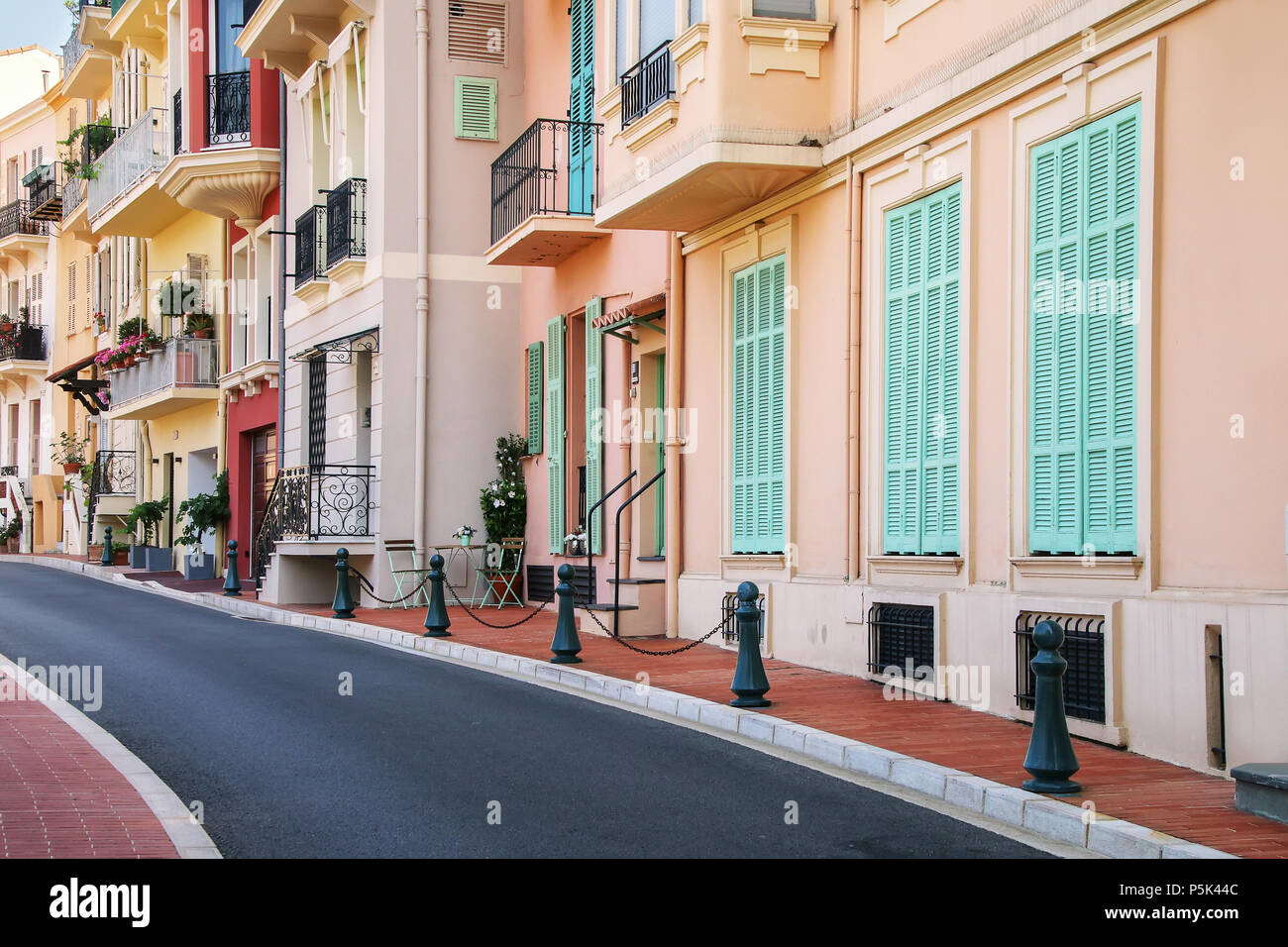 Houses along the street in Monaco-Ville, Monaco. Monaco-Ville is one of ...