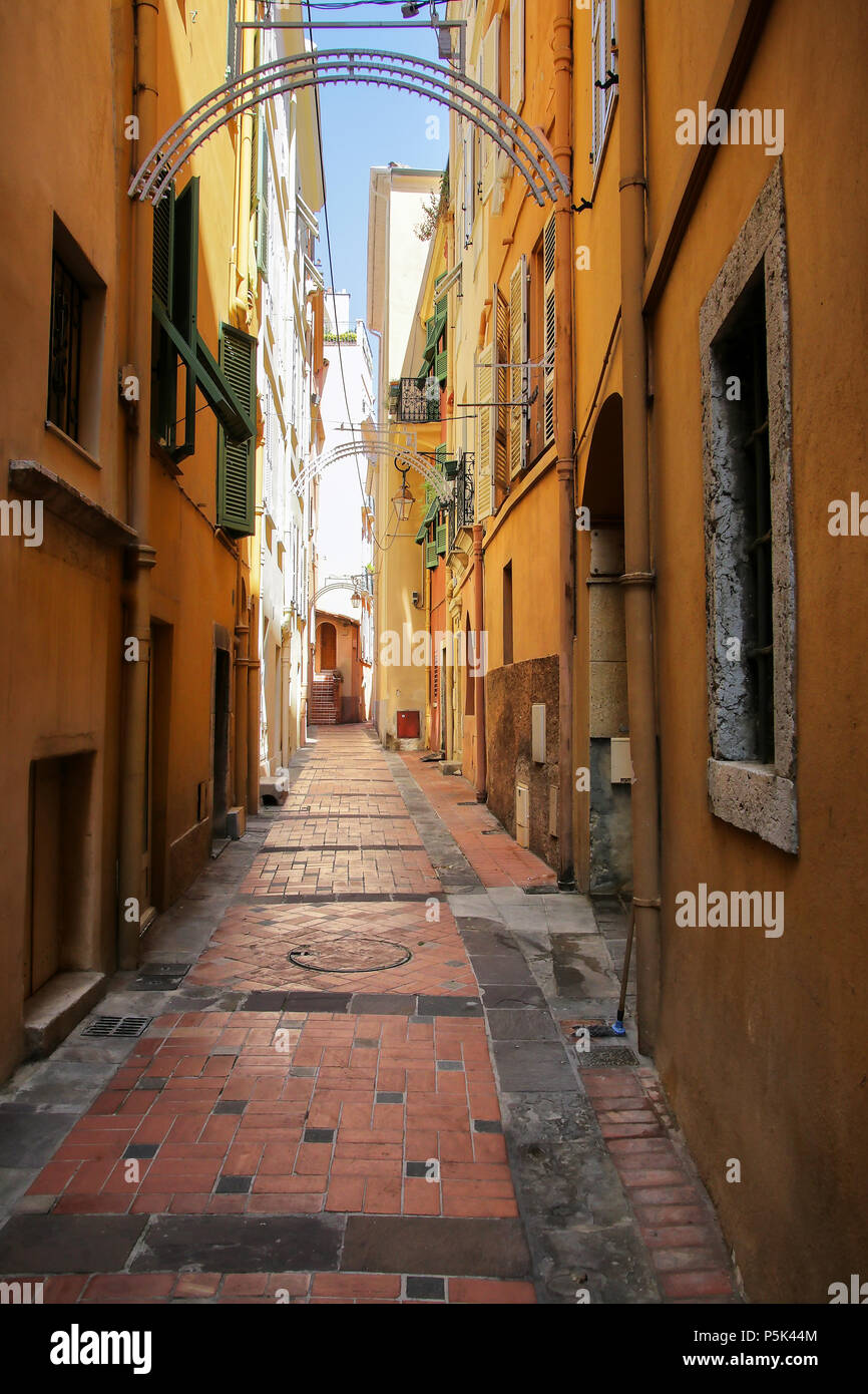 Narrow street with houses in Monaco-Ville, Monaco. Monaco-Ville is one ...