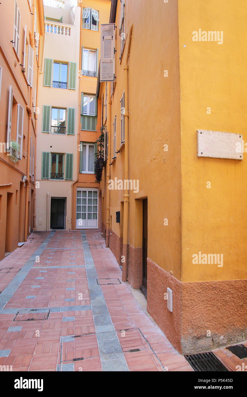 Narrow street with houses in Monaco-Ville, Monaco. Monaco-Ville is one ...