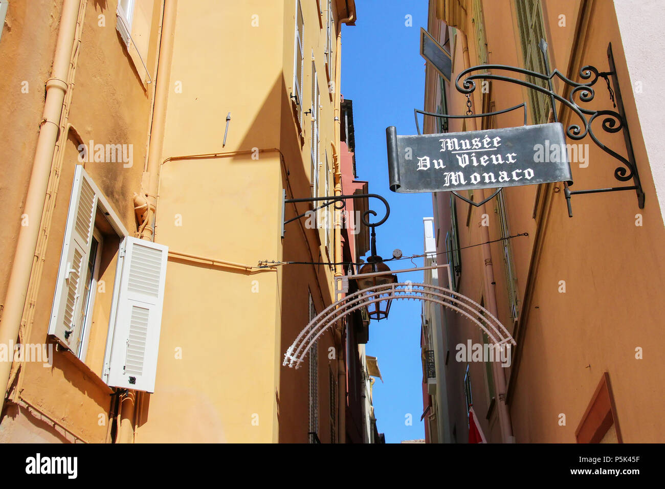 Houses along narrow street in Monaco-Ville, Monaco. Monaco-Ville is one ...
