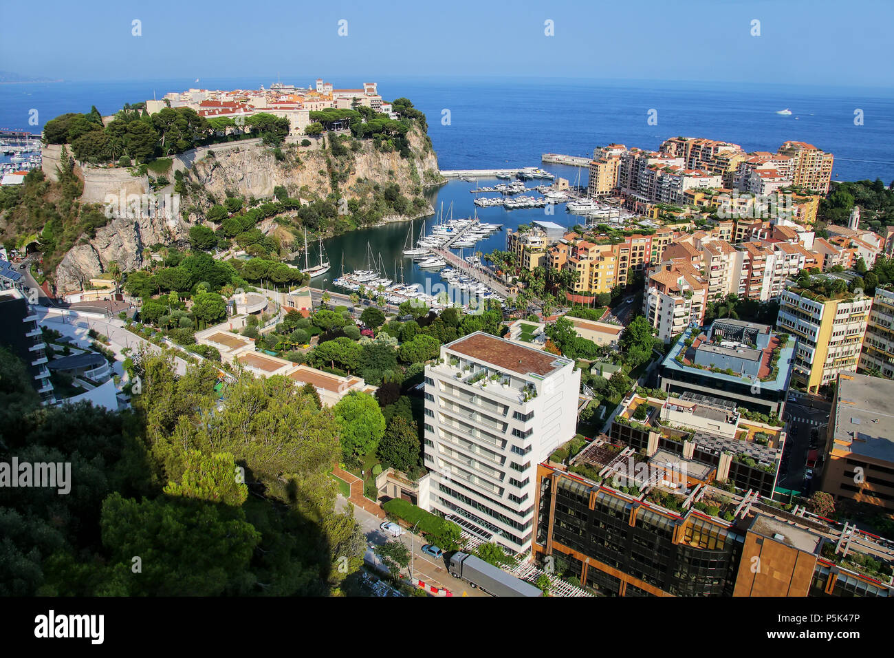 View of Monaco City and Fontvieille with boat marina in Monaco. Monaco ...