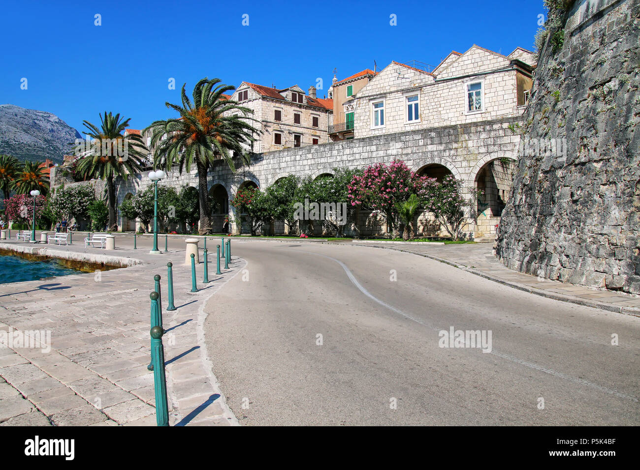 Road around Korcula old town walls, Croatia. Korcula is a historic ...