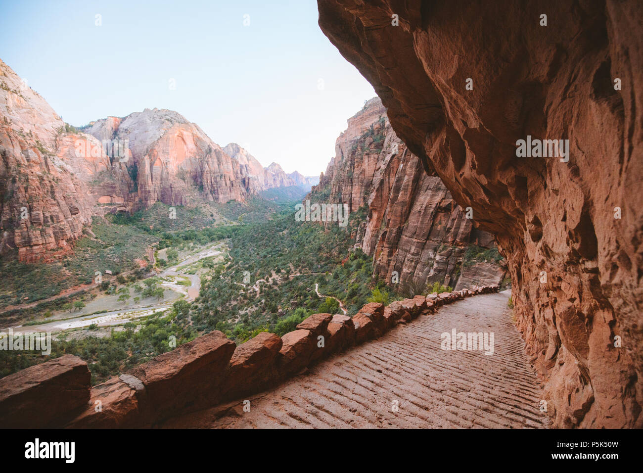 Panoramic view of famous Angels Landing hiking trail lead overlooking ...