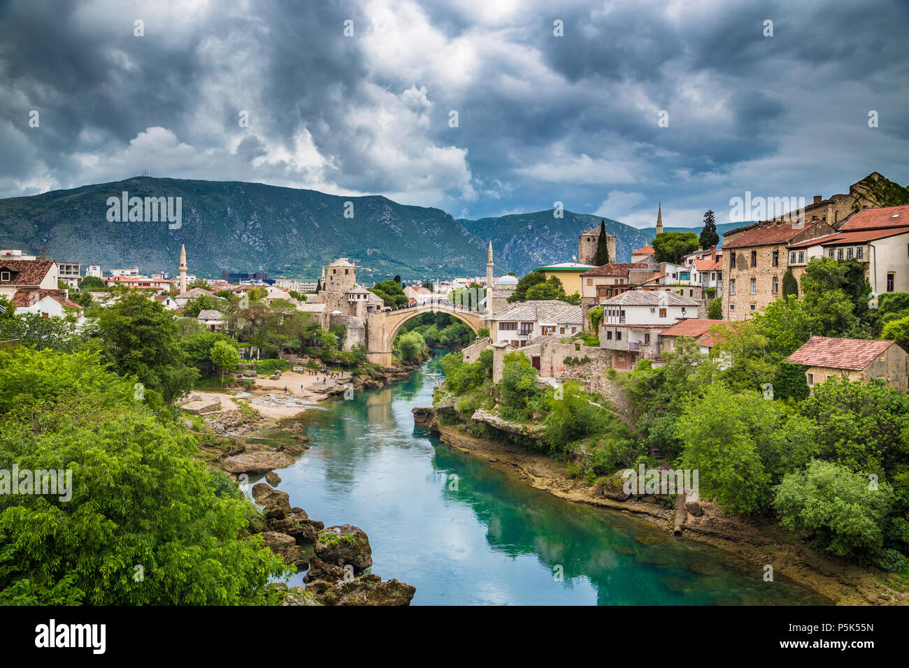 Panoramic view of the historic town of Mostar with famous Old Bridge ...