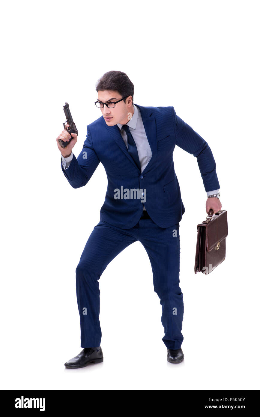 Businessman with gun isolated on white background Stock Photo - Alamy