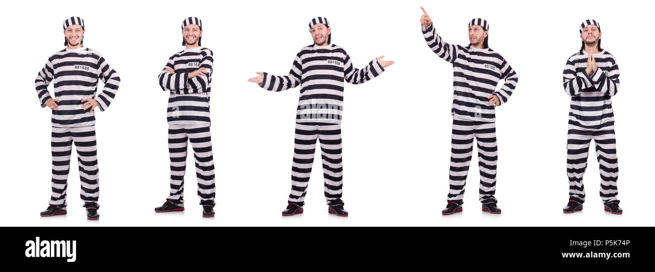 Convict criminal in striped uniform isolated on white Stock Photo - Alamy