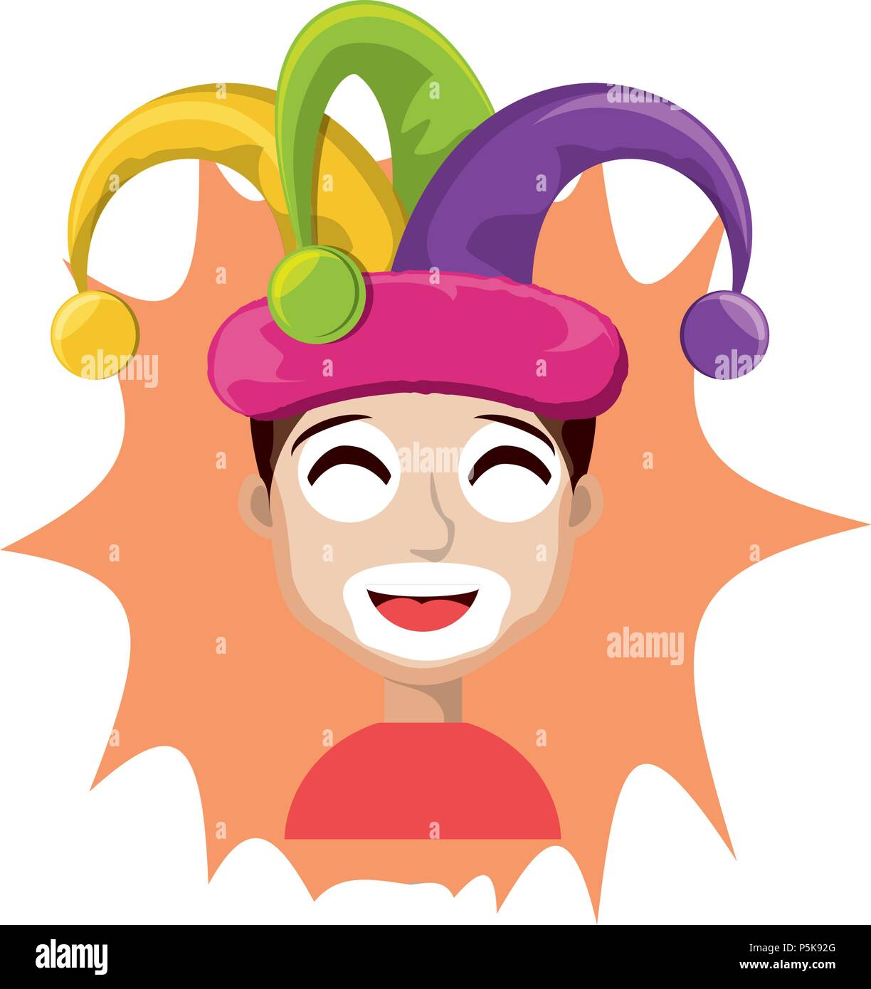 Cartoon man with his face painted and jester hat over white background ...