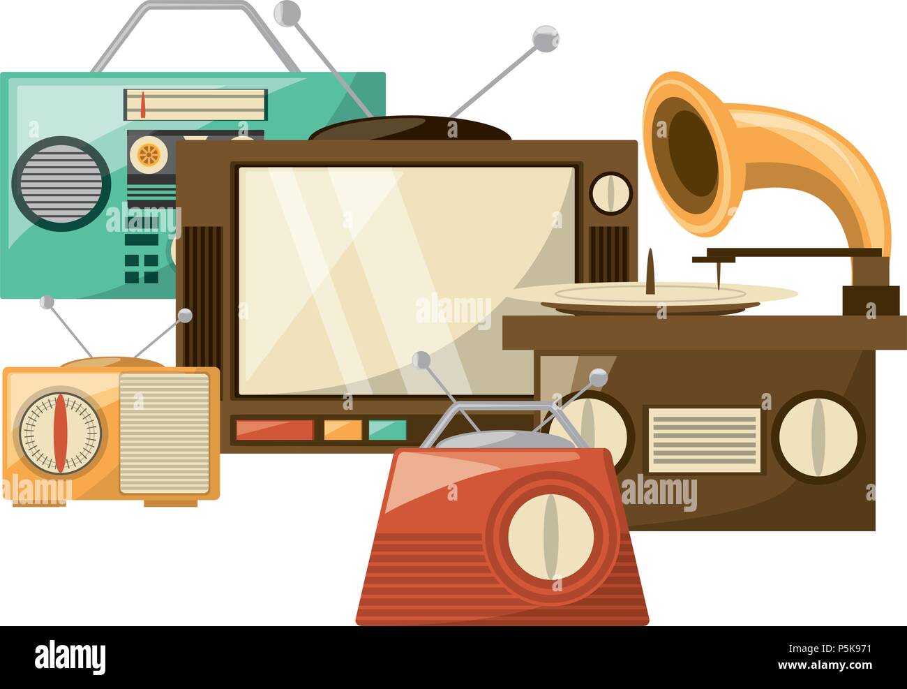 retro television and radio with other devices over white background ...