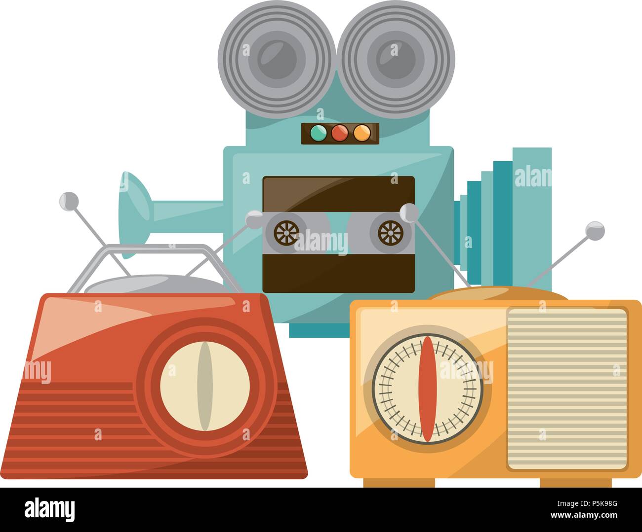 retro television and radio with other devices over white background ...