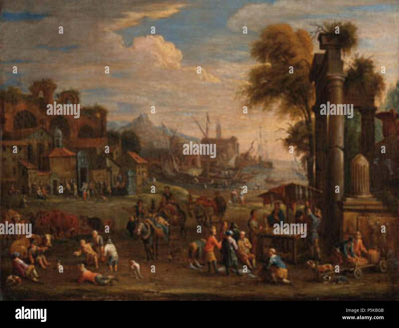 English: Peasants by a Mediterranean harbour with classical ruins; and ...