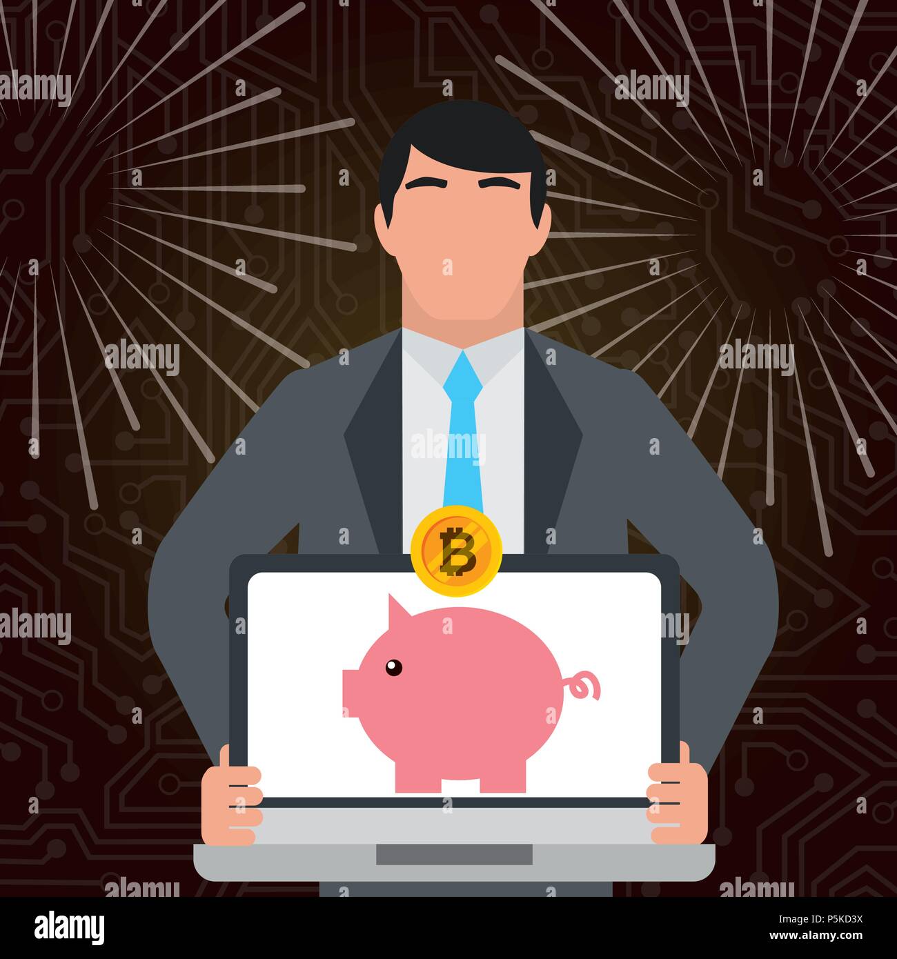 businessman with laptop and piggy bank bitcoin vector illustration ...