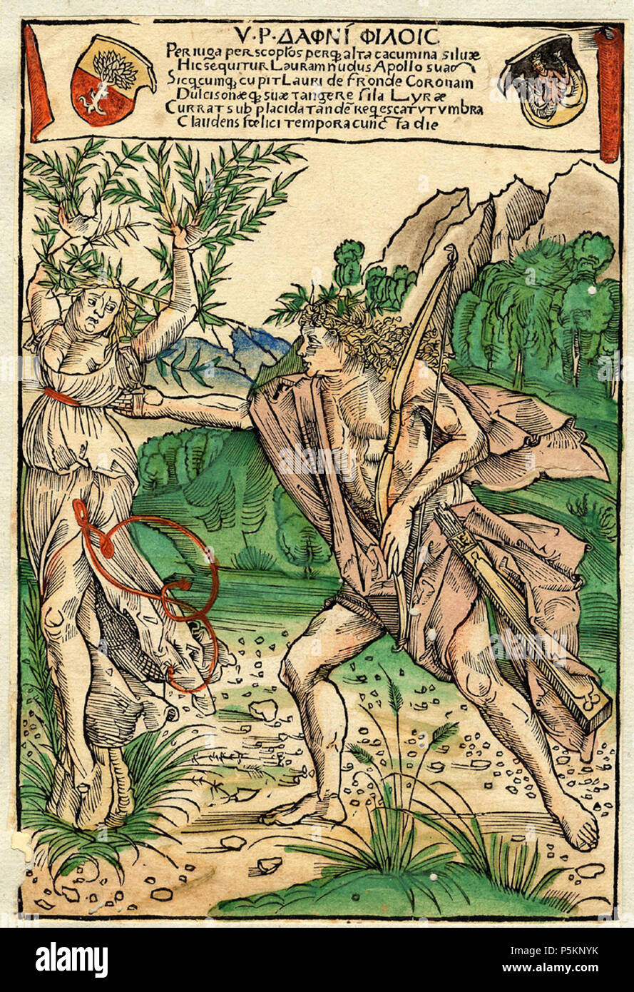 N/A. Apoll und Daphne, Holzschnitt (koloriert), 1502, aus: Konrad ...