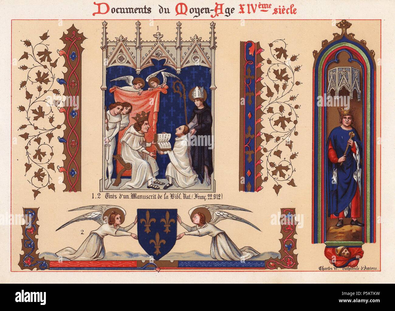 Angels holding a heraldic shield, illustration of priest presenting an ...