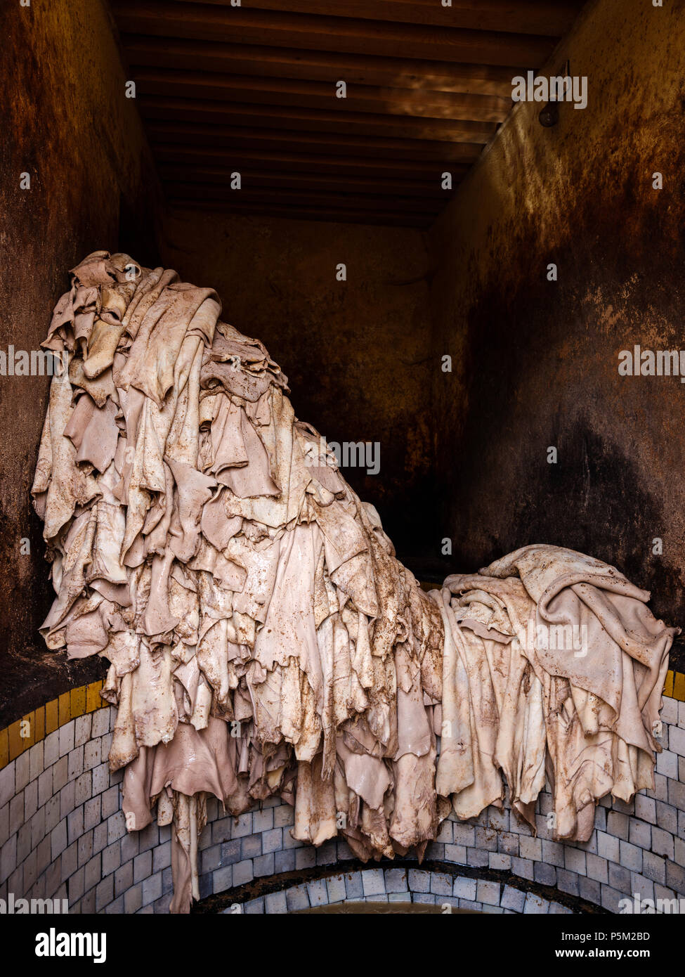 FEZ, MOROCCO - CIRCA APRIL 2017: Pile of leather being dye at the ...