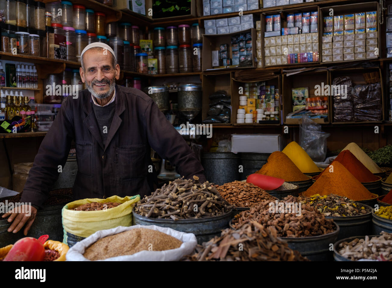 FEZ, MOROCCO - CIRCA APRIL 2017: Portrait of Moroccan merchant at the ...