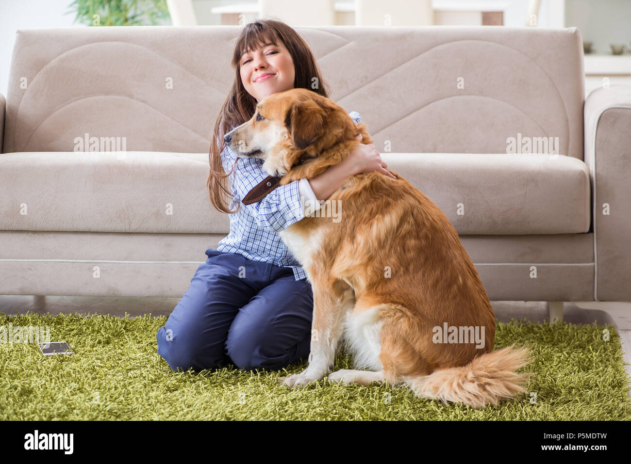 Happy woman dog owner at home with golden retriever Stock Photo - Alamy