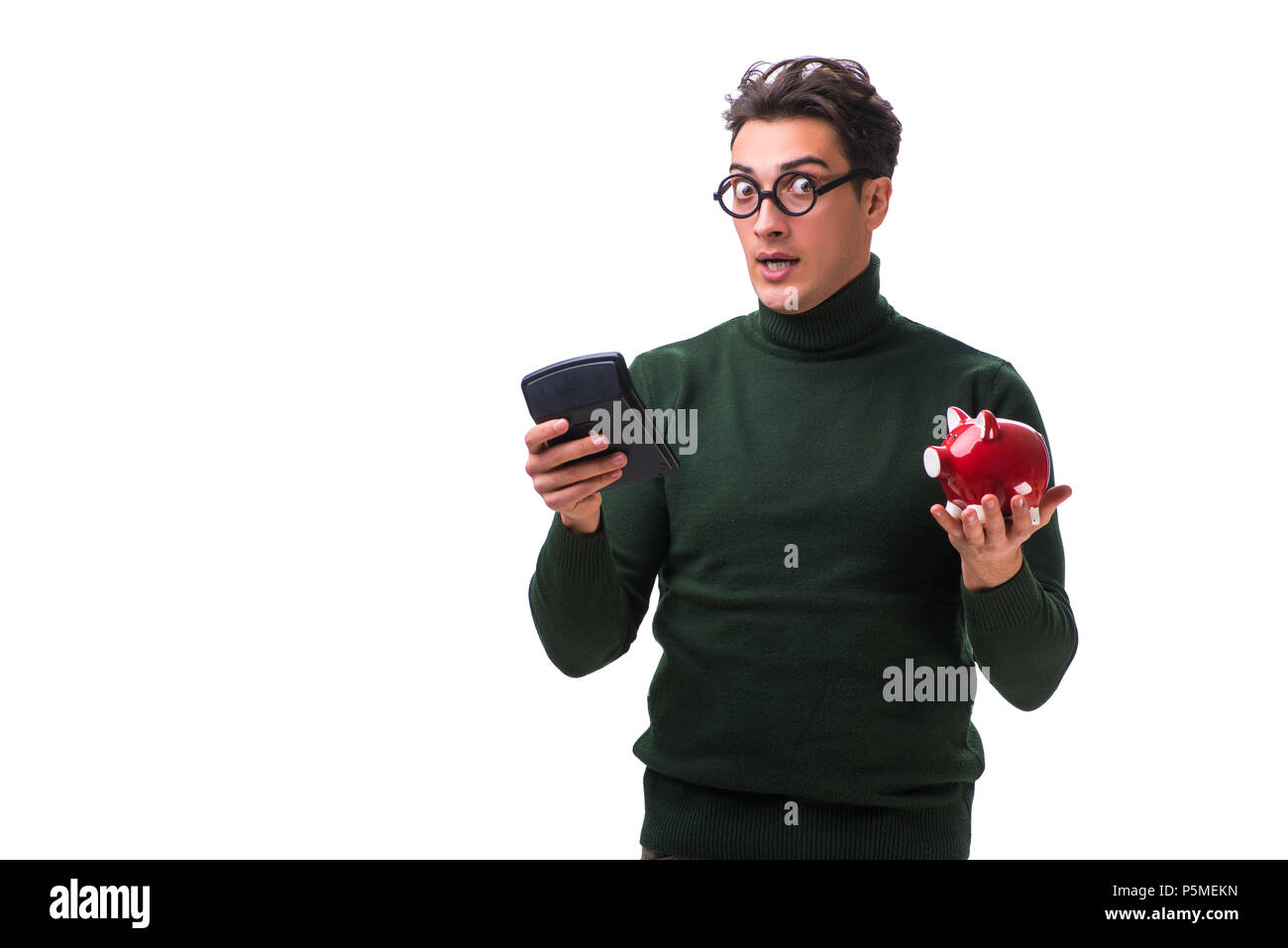 Nerd young man with piggybank isolated on white Stock Photo - Alamy