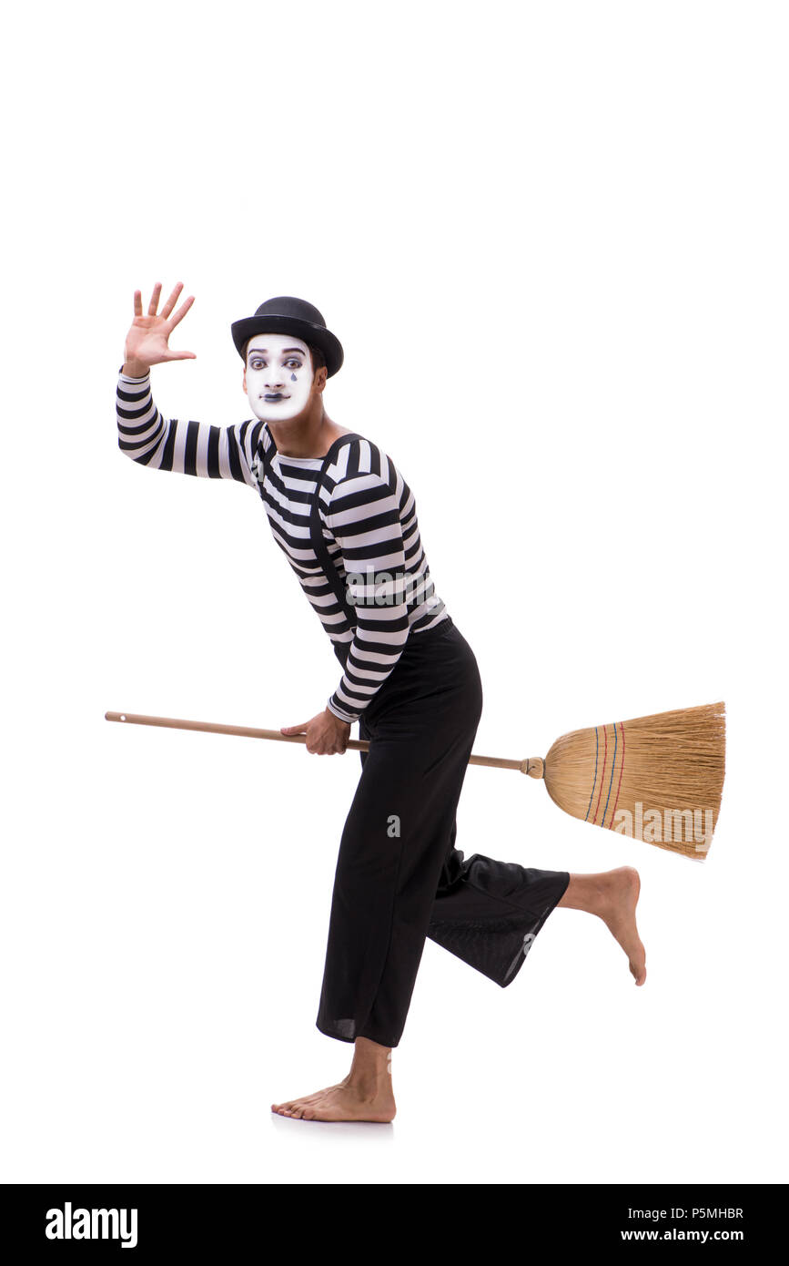 Mime with broom isolated on white background Stock Photo - Alamy