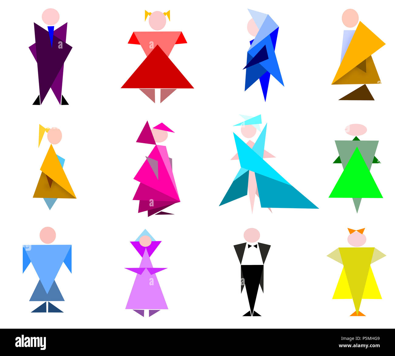 illustration with scene of the figures of the people in geometric ...