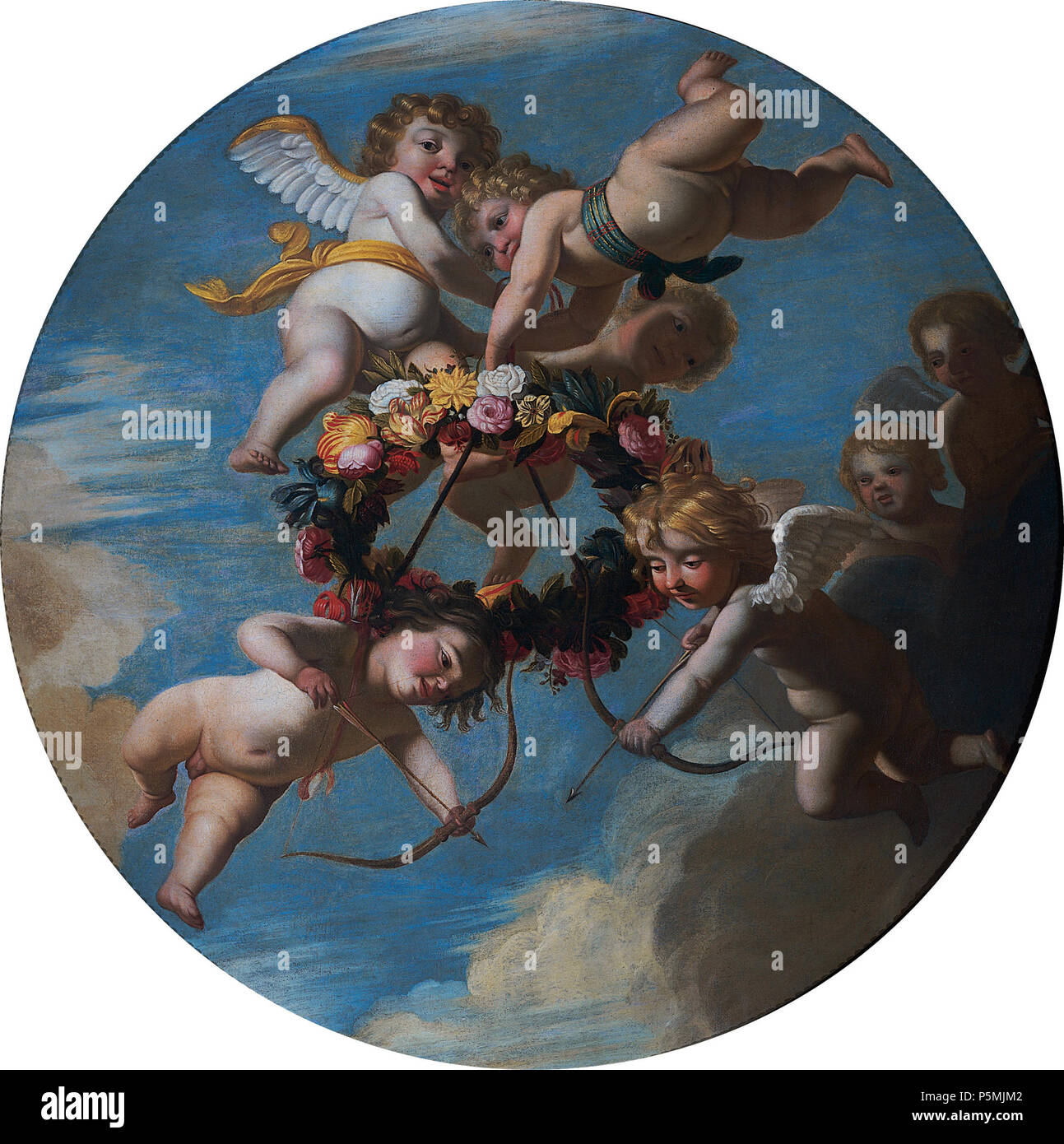 Putti with Flower Garland . Round painted ceiling with putti holding a ...