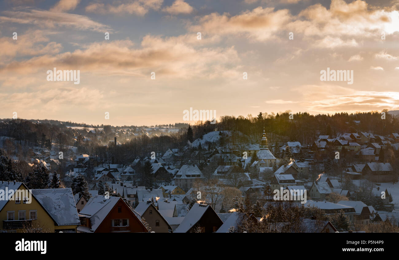Panorama view Seiffen in Winter Saxony Germany ore mountains at Sunrise ...