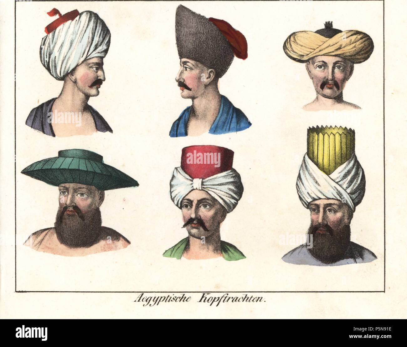 Turbans and other headdresses of Egyptian men. Handcoloured lithograph ...