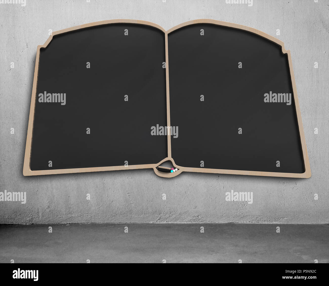 Empty book shape blackboard on concrete wall Stock Photo - Alamy