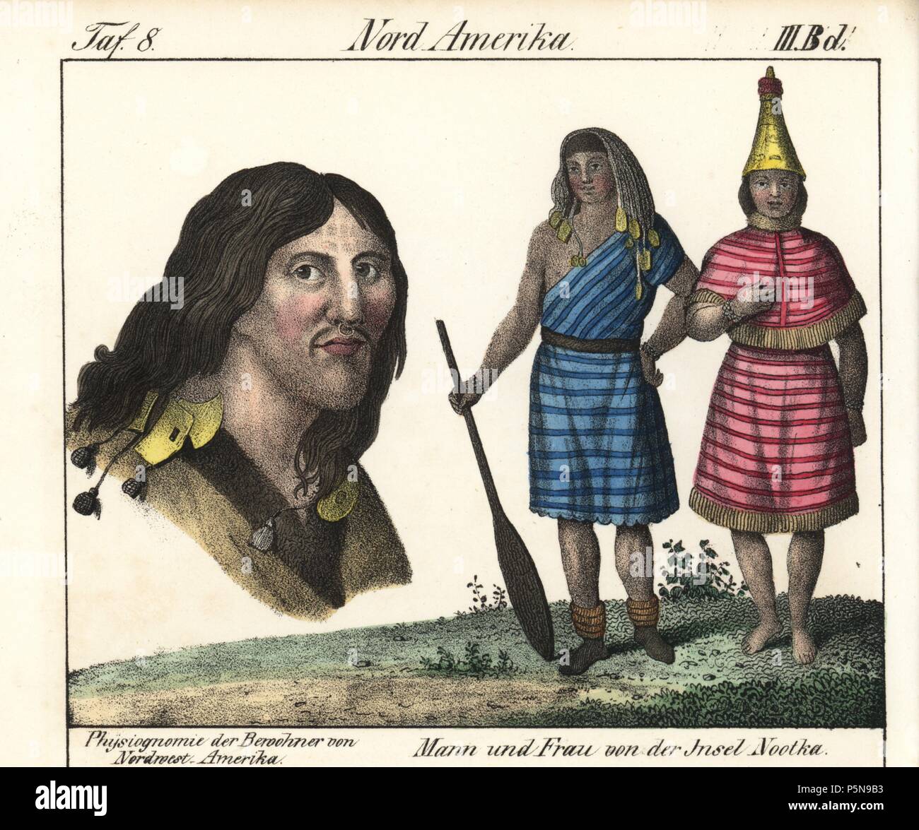 Nuu-chah-nulth man with paddle and woman in tall hat and fringed cape ...