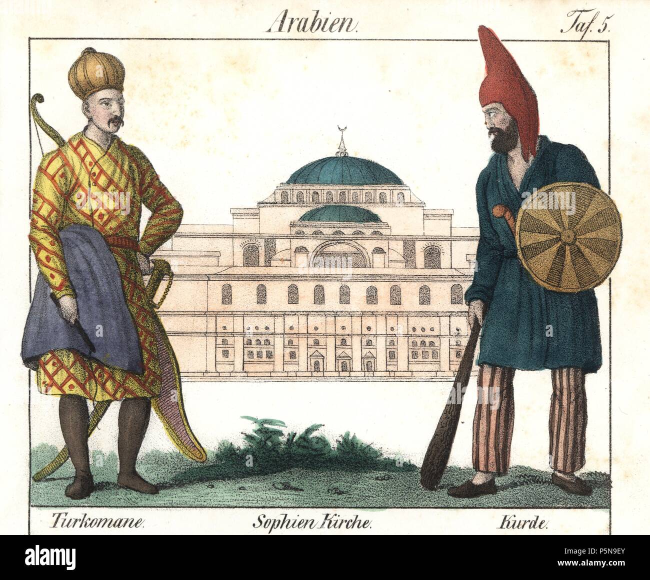 A Turkoman soldier with sword and bow facing a Kurd soldier with club ...