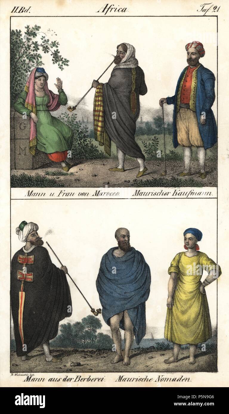 Man and woman of Morocco, a Moorish merchant, above, and a Berber man ...