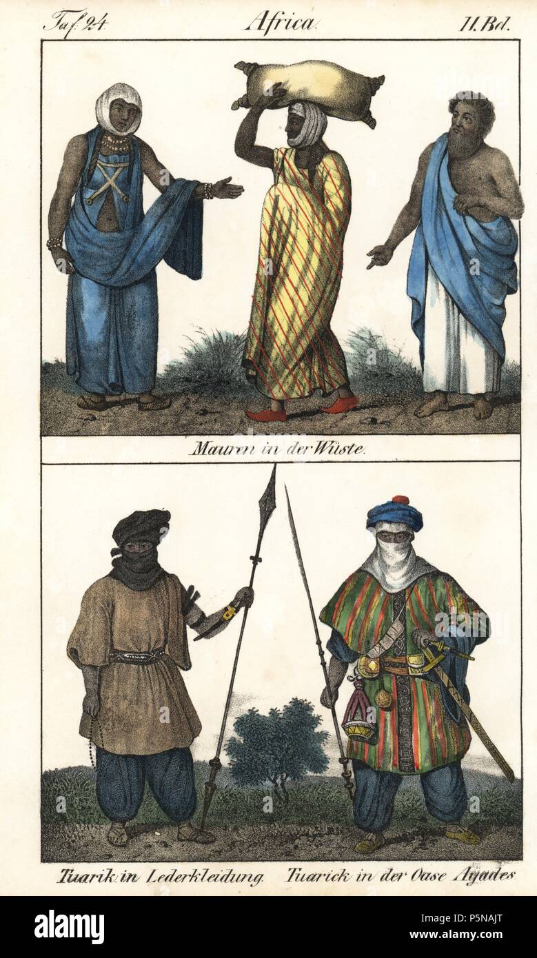 Saharan costumes: Moors in the desert, and Tuaregs in leather clothes ...