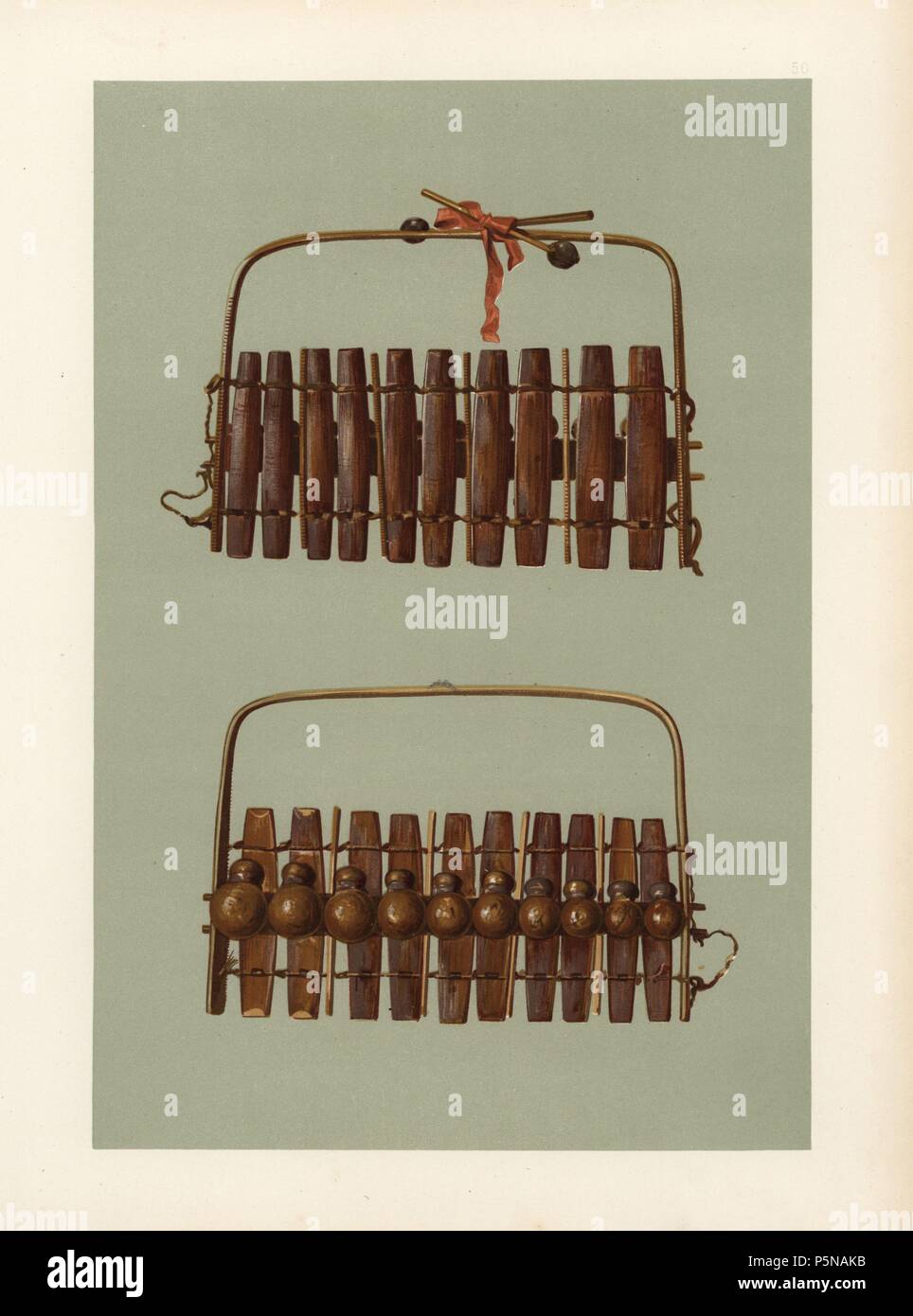 Marimba or Zulu harmonicon of South Africa. It has ten bars, each with ...