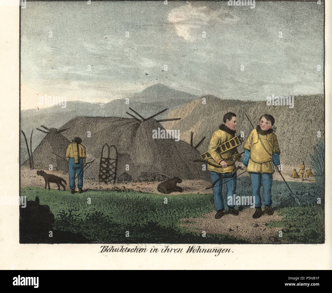 Chukchi hunters with bow, arrows, spears, snow shoes and hunting dogs ...