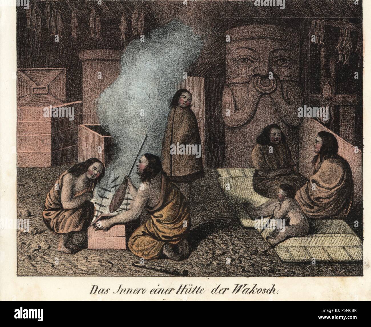 Interior of a Wakashan people hut, with men barbecuing fish, women ...