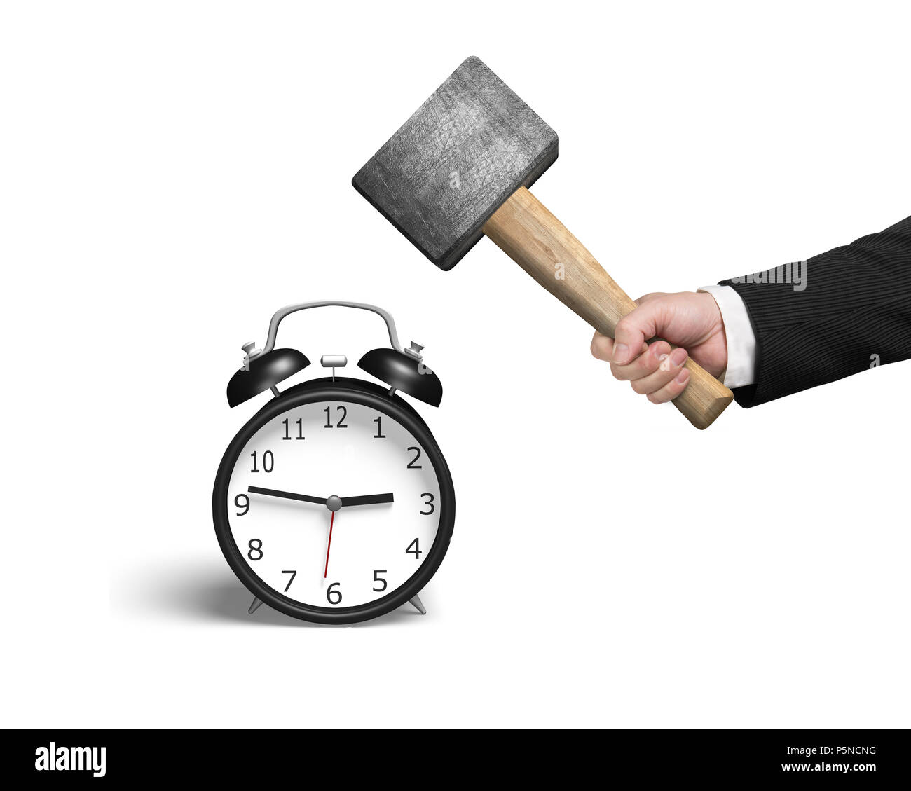 Hitting alarm clock isolated in white background Stock Photo - Alamy
