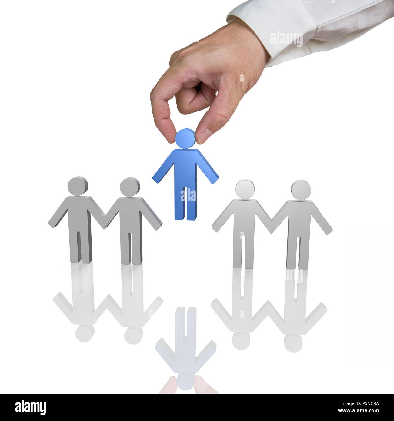 Putting blue 3d people in hand linking chain isolated in white ...