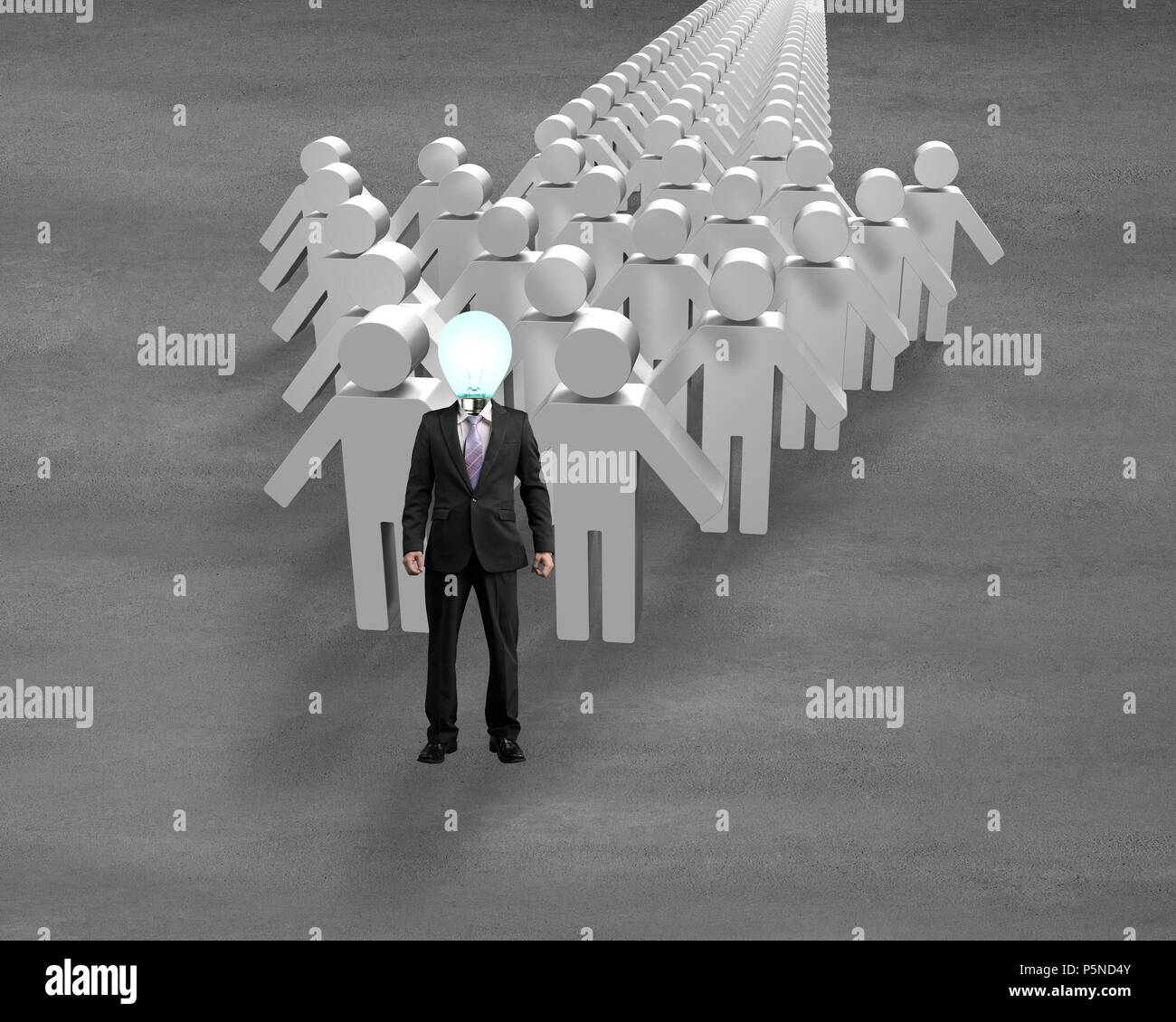 Glowing lamp head people in front of arrow on concrete ground Stock ...