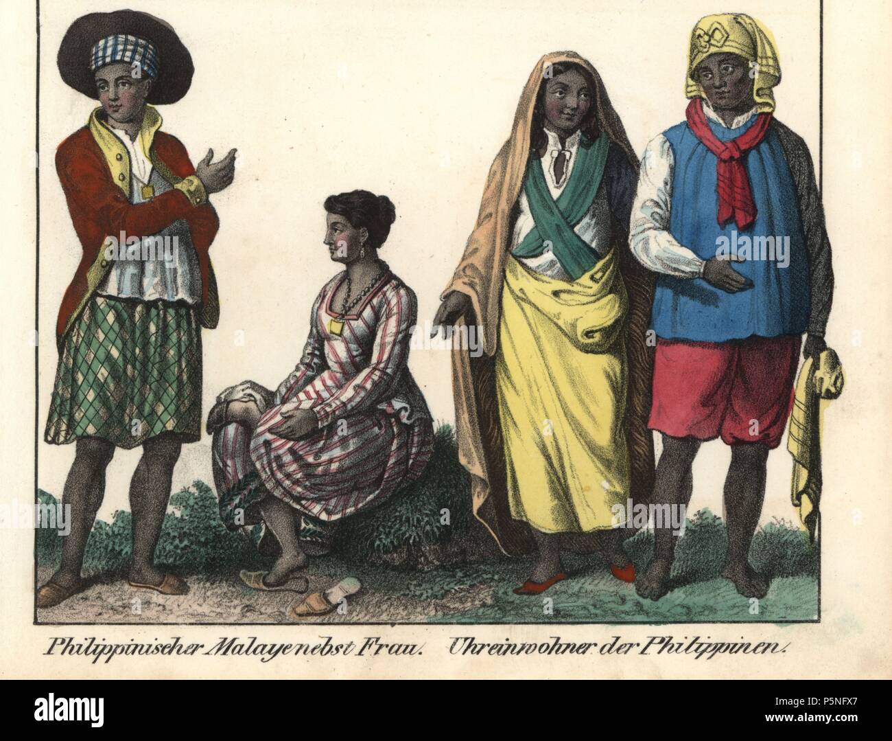 Filipino Malay in scarlet jacket and check hat with wife in striped ...