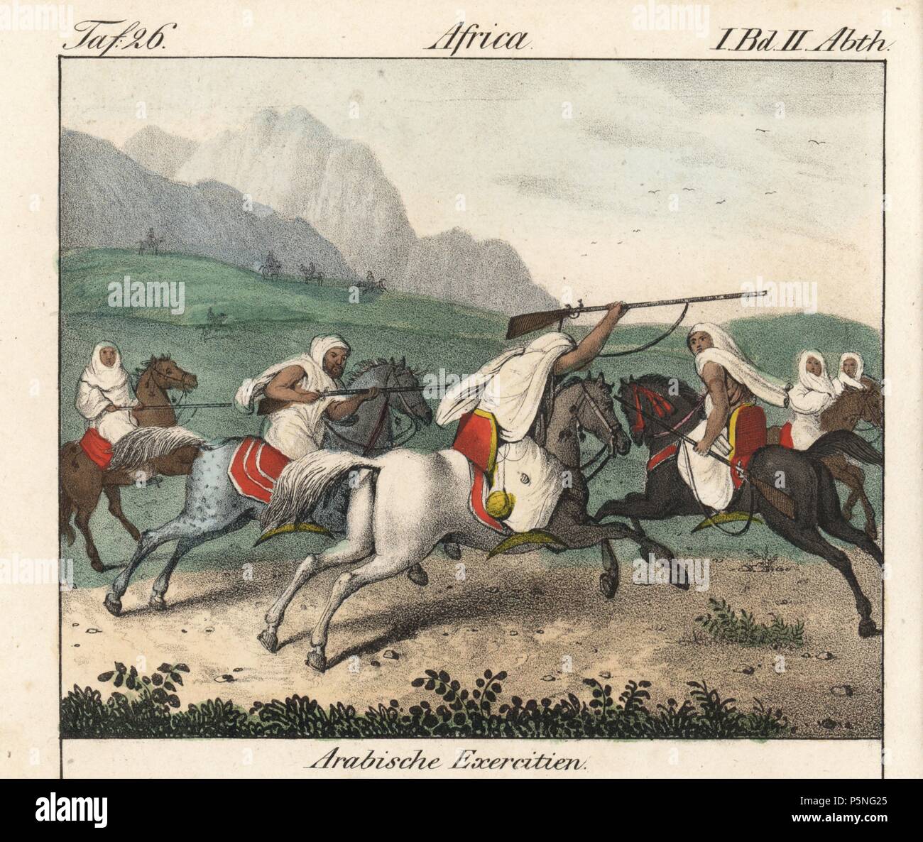 Arab military exercises: mounted cavalry armed with spears and muskets ...