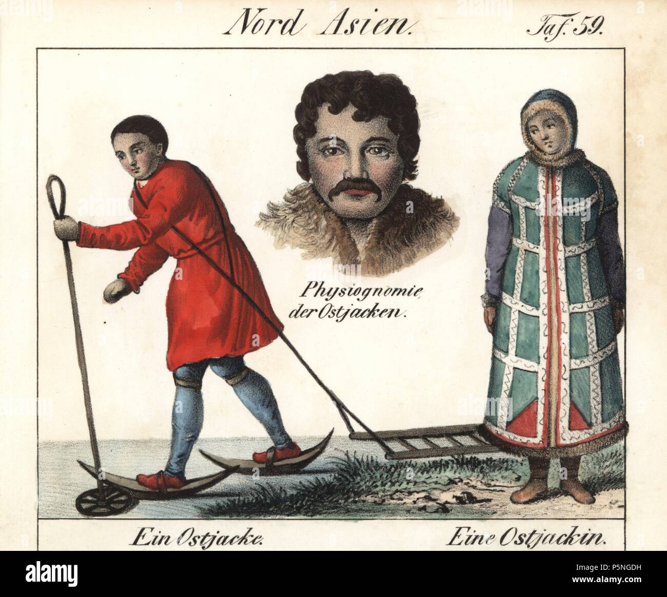 Khanty or Ostyak costumes: man wearing skis on ice with sled, woman ...