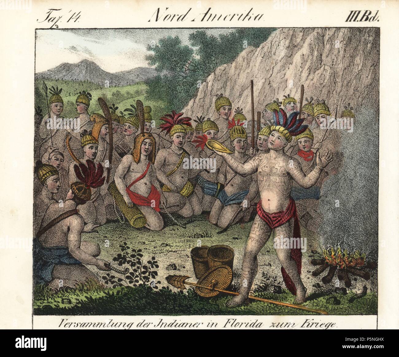 Tattooed native warrors with clubs and spears of Florida, America ...