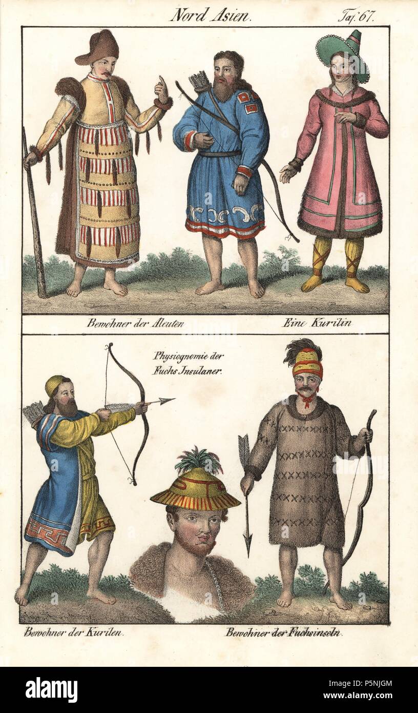 Inhabitants of the Aleutian, Kuril and Fuchs islands. Aleut men in ...