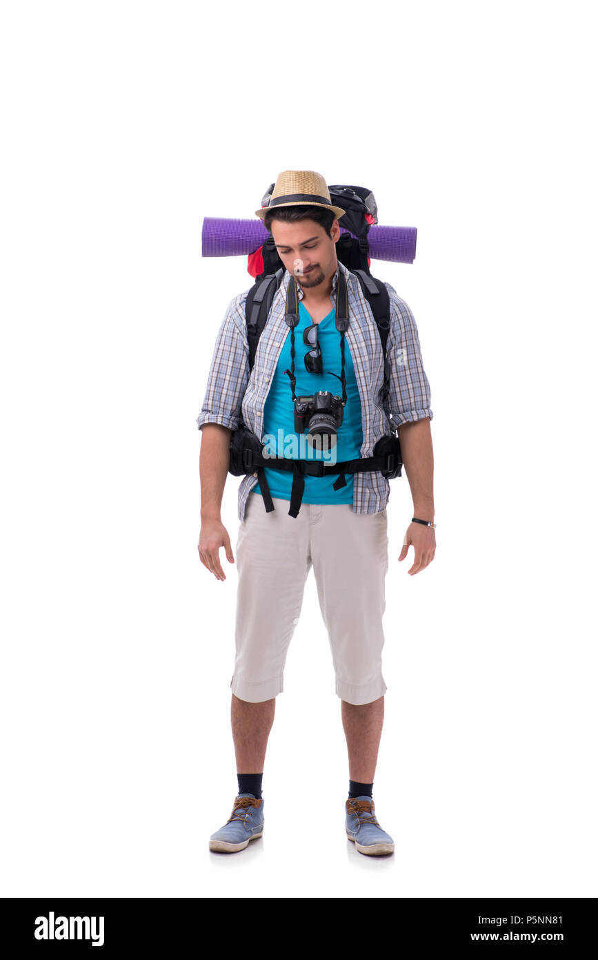 Backpacker with camera isolated on white background Stock Photo - Alamy
