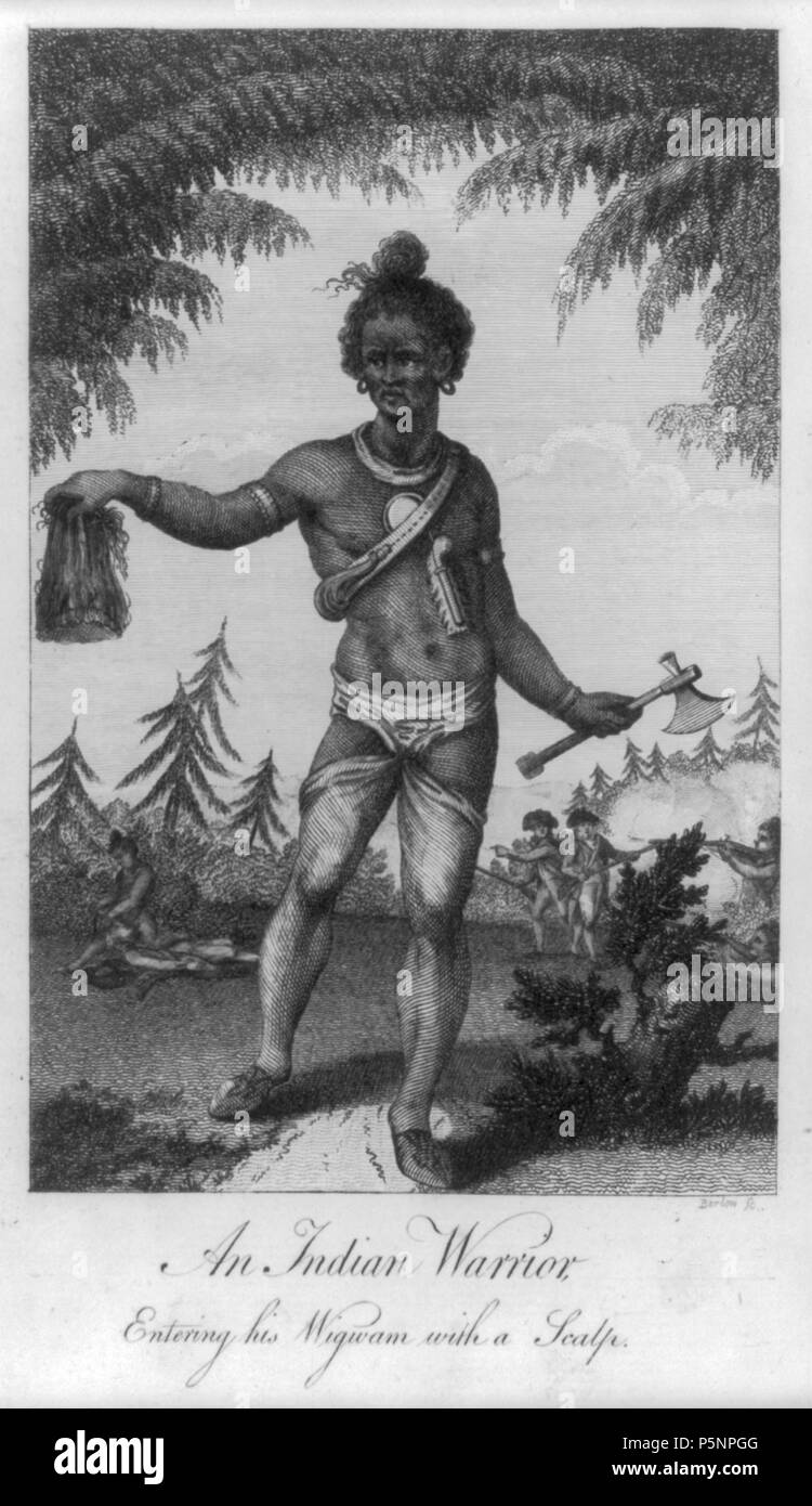 N/A. English: Print shows a Native warrior holding a scalp in right ...