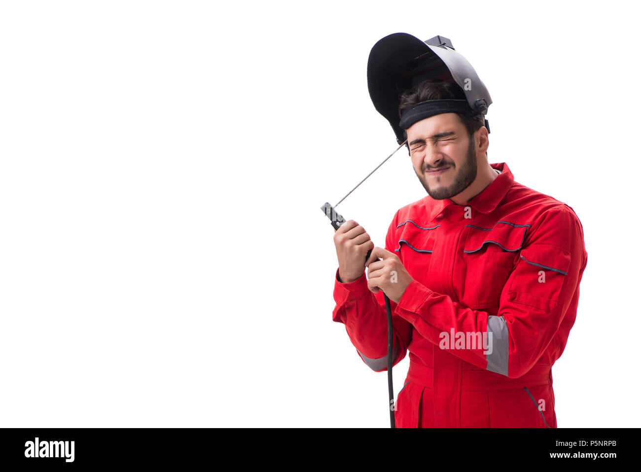 Funny welder isolated on white background Stock Photo - Alamy