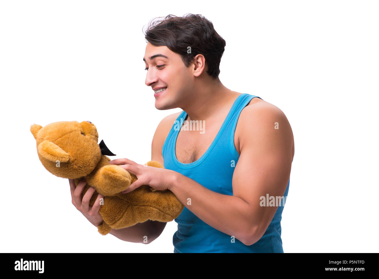 Young man with toy animal isolated on white background Stock Photo - Alamy