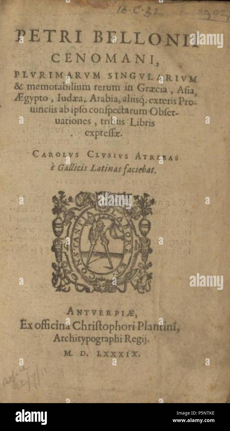 N/A. Pierre Belon, Observationes, tranbslated by Carolus Clusius, title ...