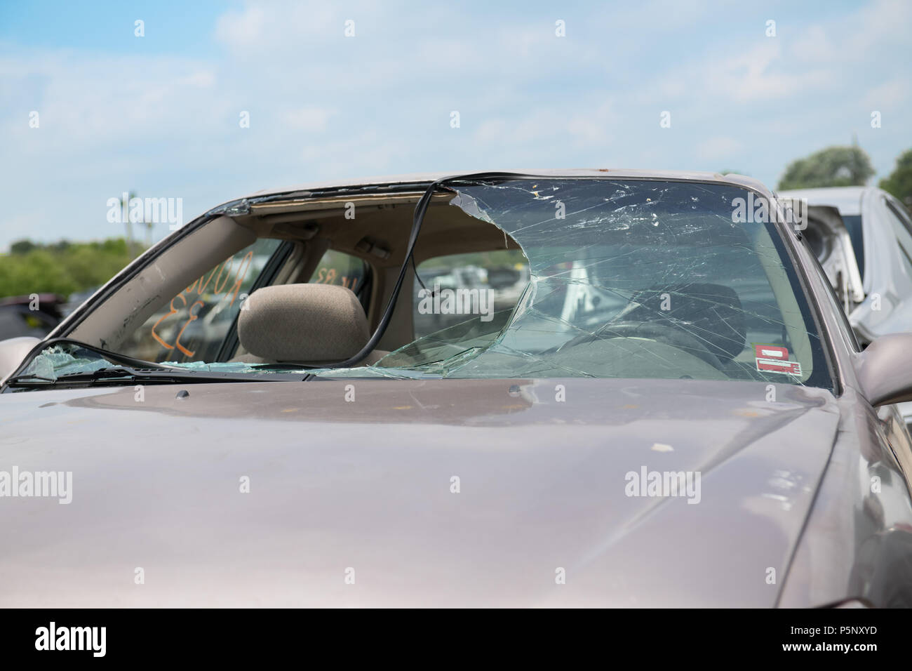 Car with a broken windhield lies abandoned with the rubber sealing ...