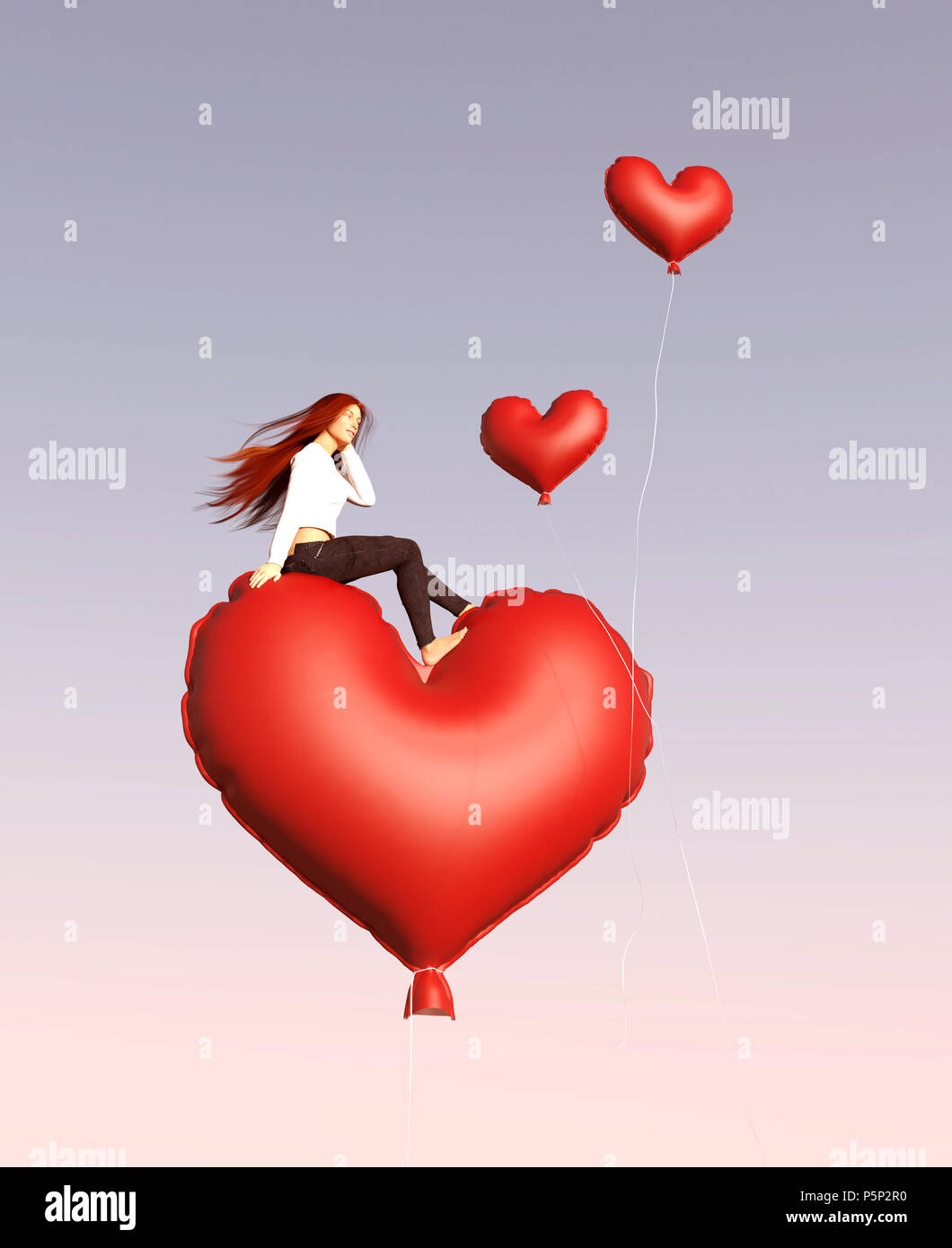 Girl sitting on red heart balloon,3d illustration Stock Photo - Alamy